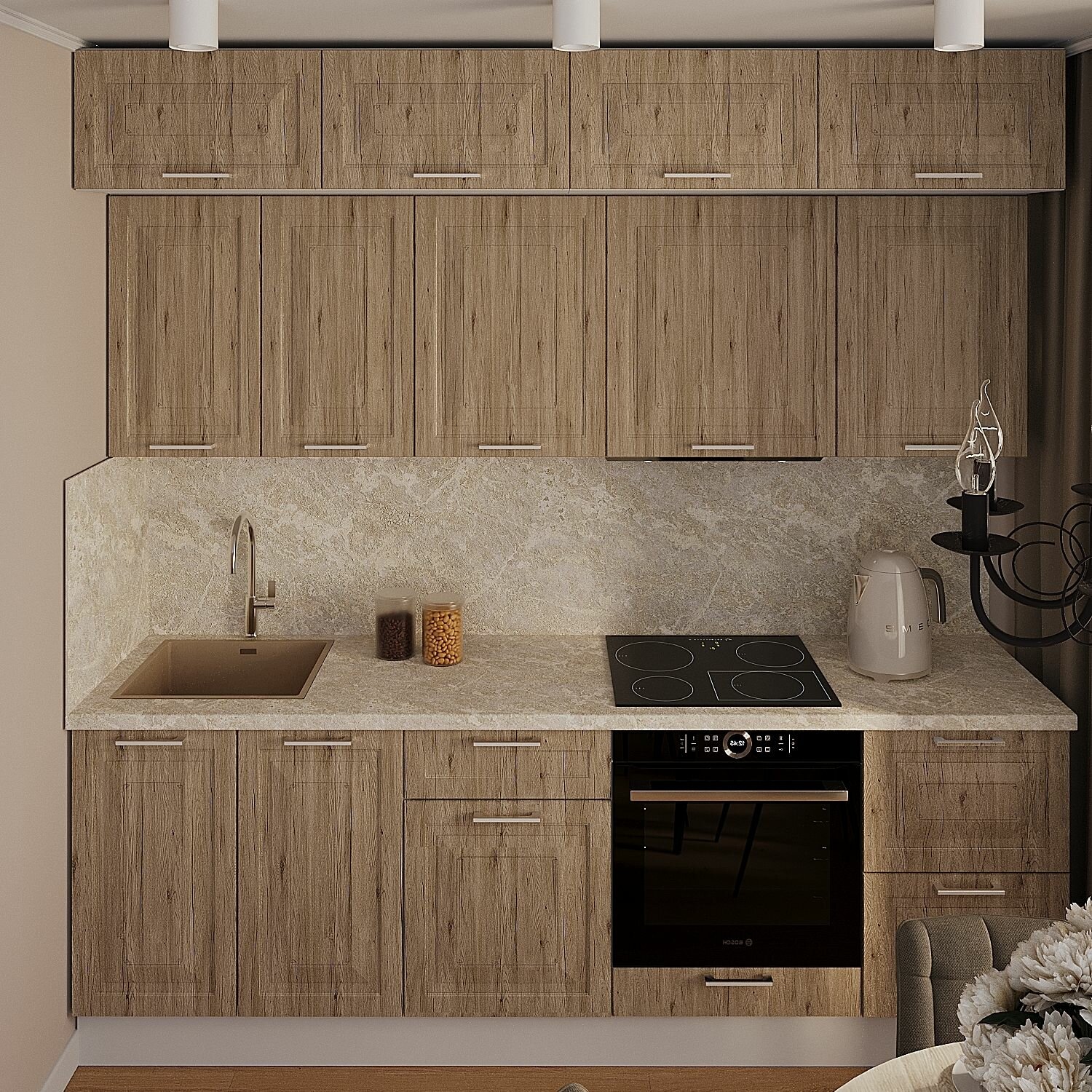 Кухонный гарнитур прямой Классик МДФ 2,4 м, Рустик натур/Белый