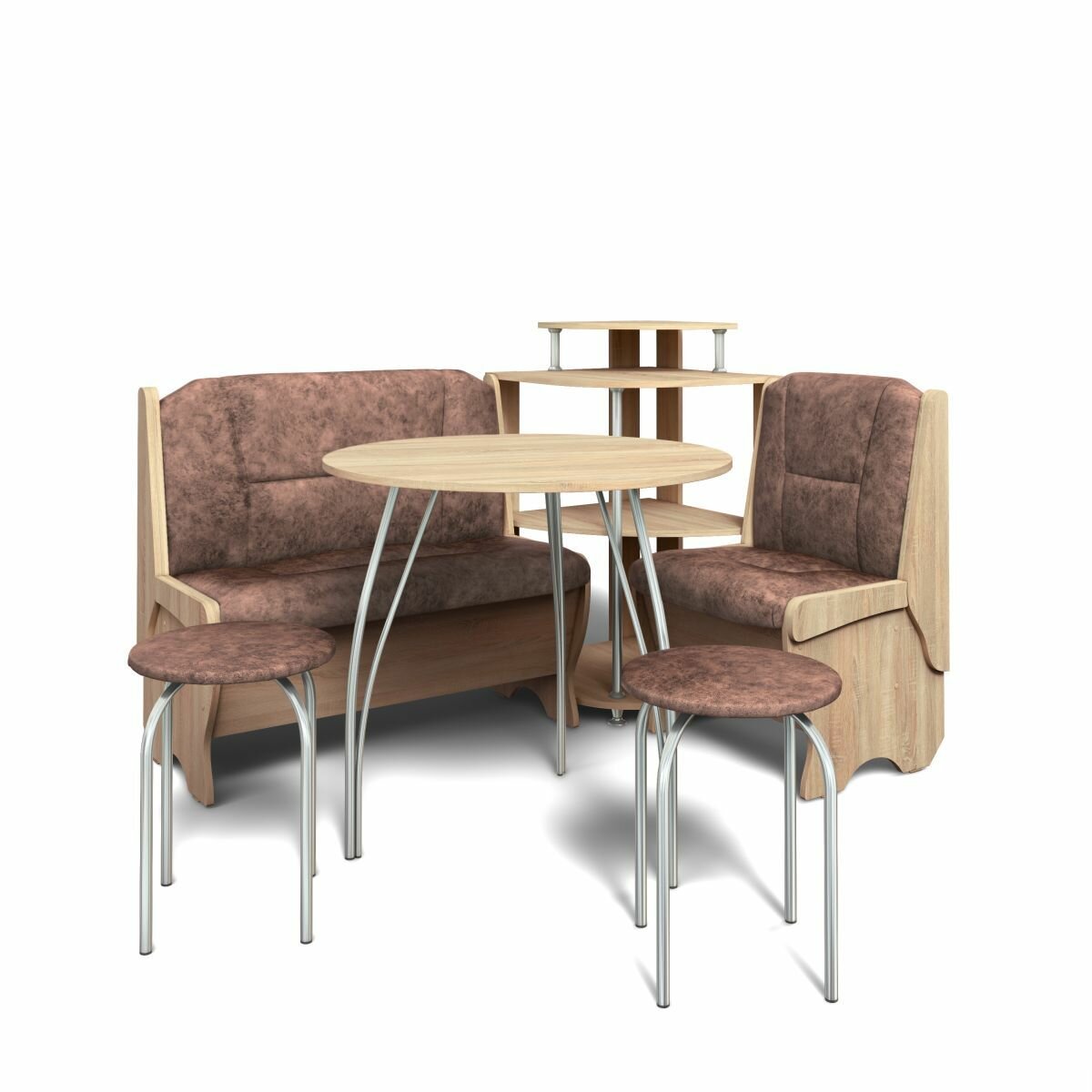 Кухонный уголок лотос (набор скамьи 550 и 950, этажерка, стол, 2 табурета) Дуб сонома/велюр Коньяк (Бител)