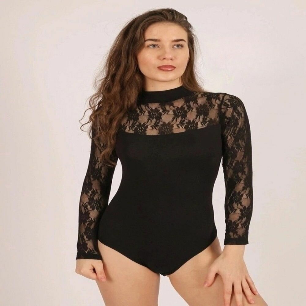 Боди с длинным рукавом кружевное черное р 54