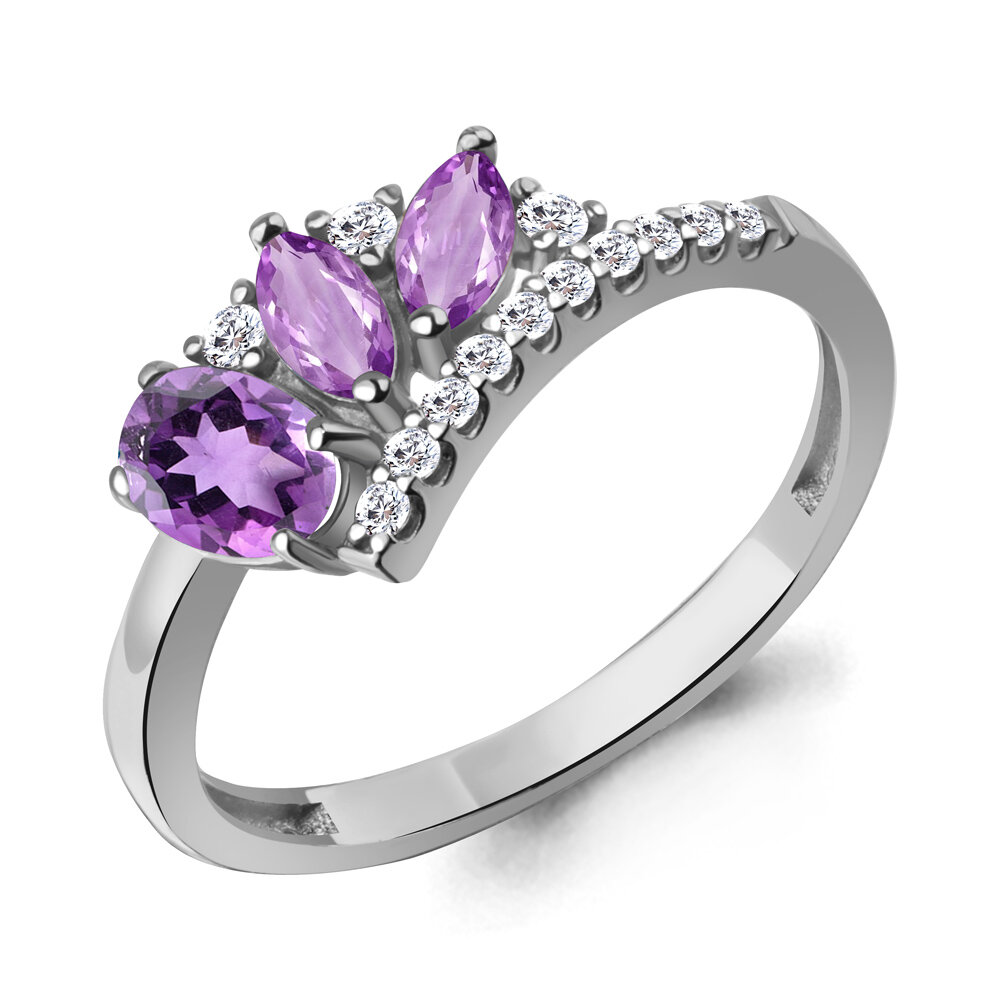 Кольцо, серебро, 925 проба, родирование, фианит, аметист