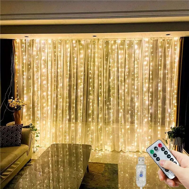 USB гирлянда-штора LED HNXADZ 100/200/300/600 светодиодов теплый Warm, 3Mx3M-300LED