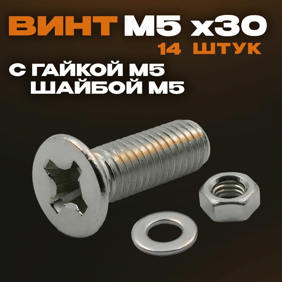 Винт 5 х30 плоский М5 с гайкой и шайбой 14 шт.