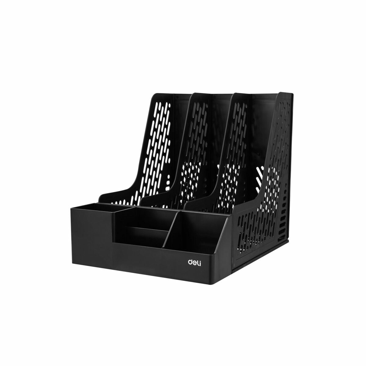 Лоток для бумаг вертикальный Deli, 320мм, 3 отделения + органайзер на 4 отделения, черный, 12шт.