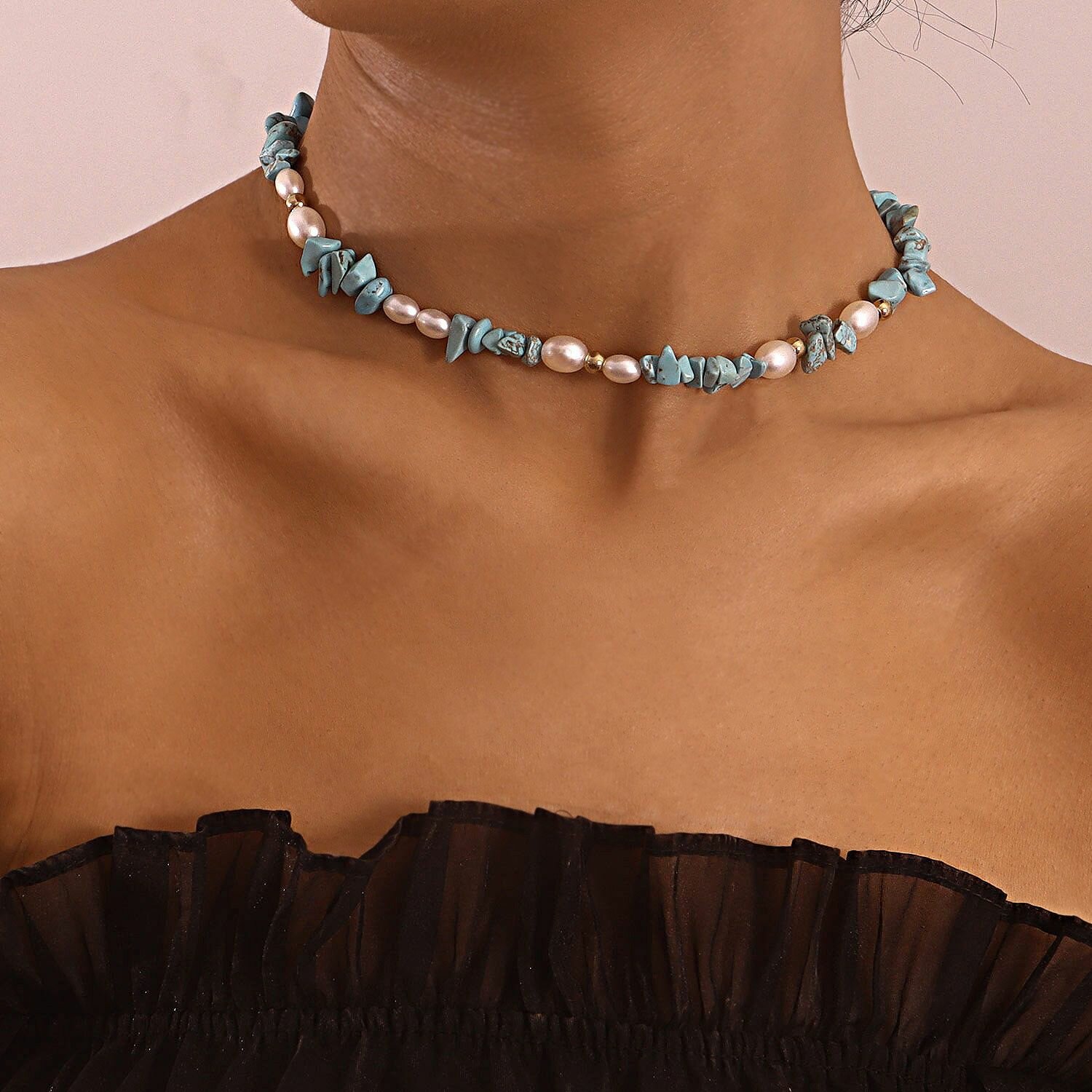 Колье, жемчуг имитация, бирюза синтетическая