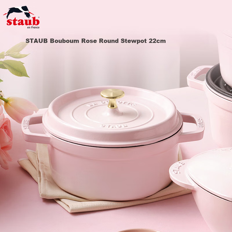 Staub French Enamel Cast Iron Soup Pot with Handles Round Stew Pot Mousse Rose 22cm 1030215