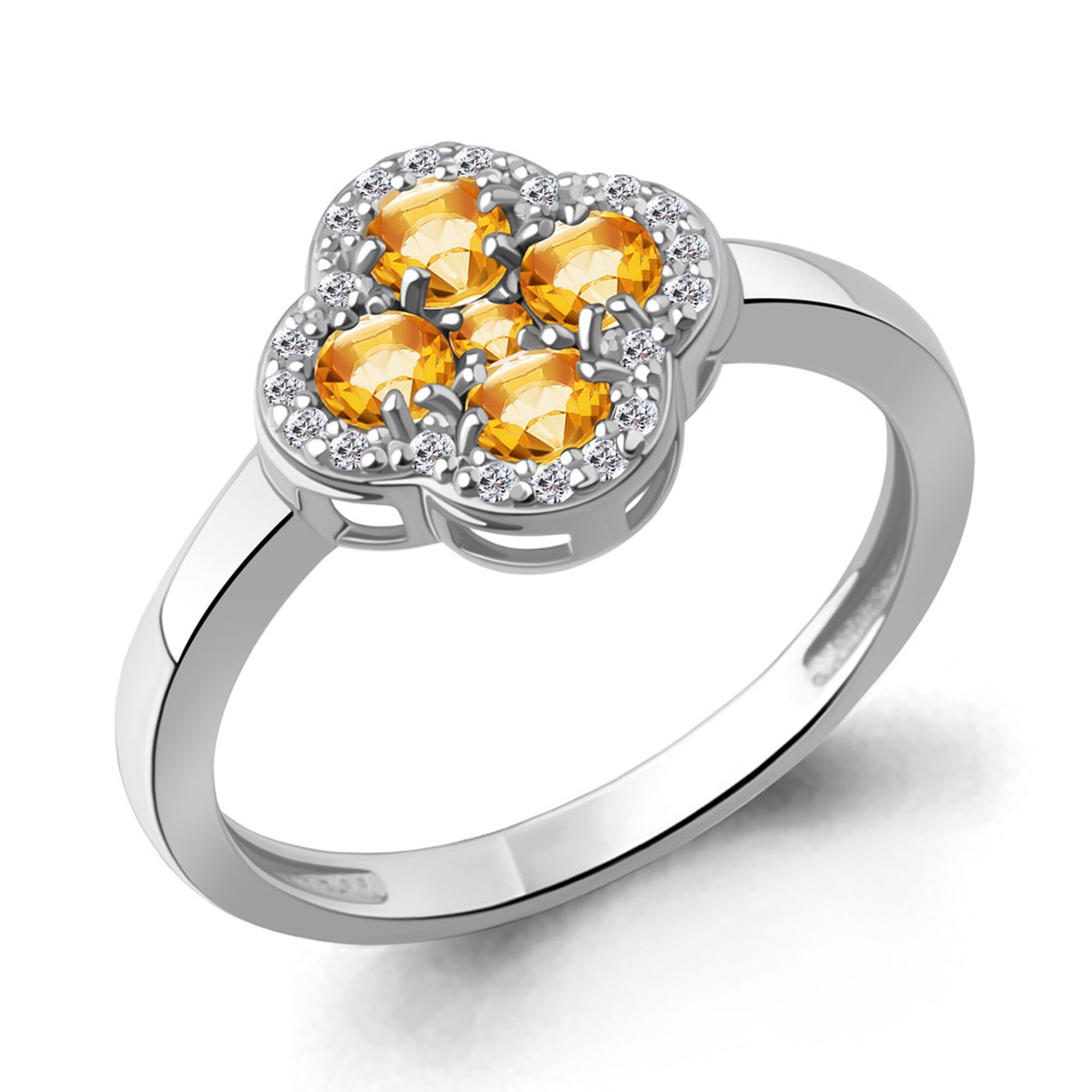 Кольцо, серебро, 925 проба, родирование, цитрин, фианит