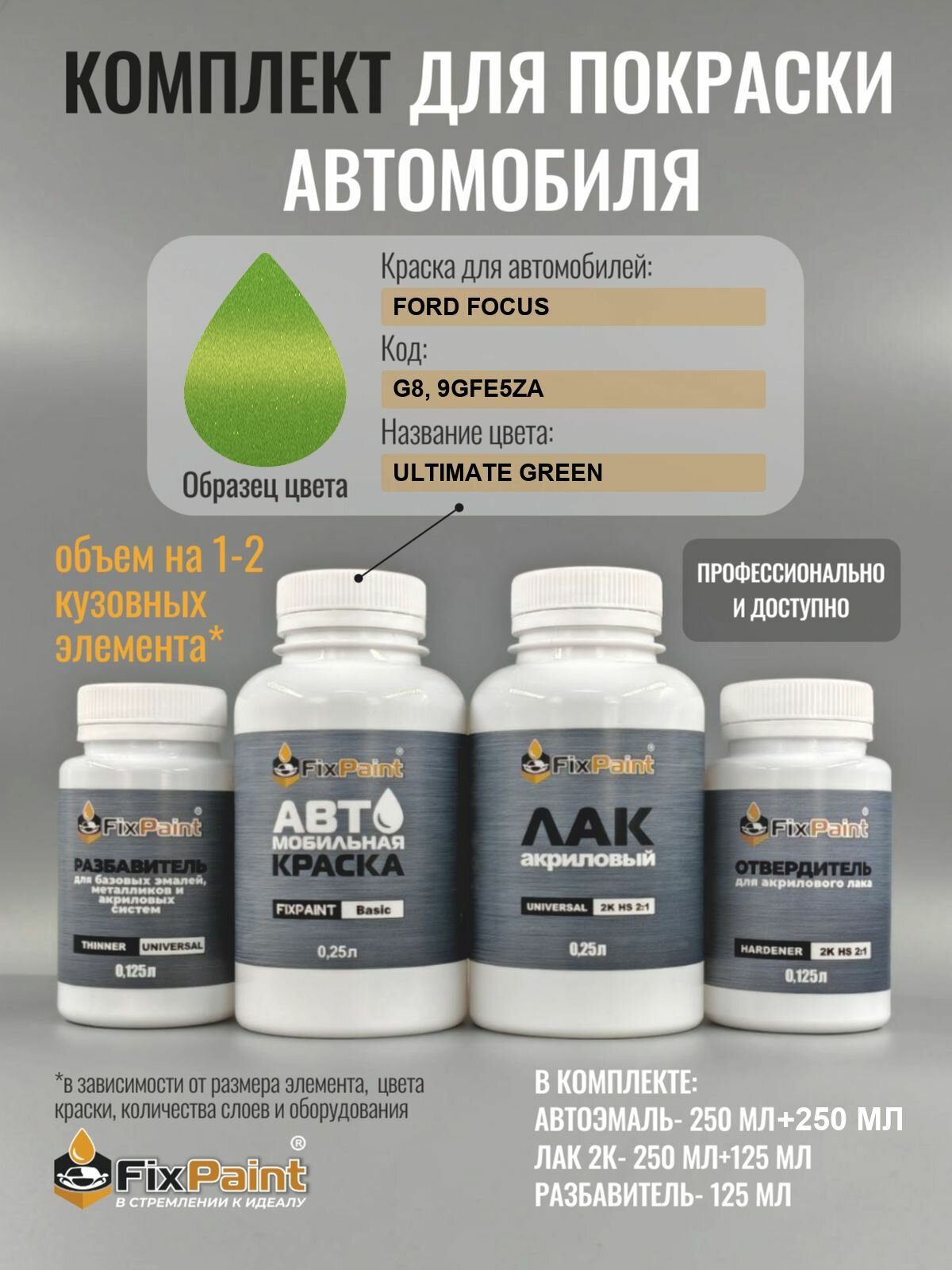 Комплект для покраски FORD FOCUS, код G8, 9GFE5ZA, Трехслойная ULTIMATE GREEN, базовая автомобильная эмаль 500 мл, лак 2K 250 мл с отвердителем, разбавитель 125 мл, FixPaint Pro
