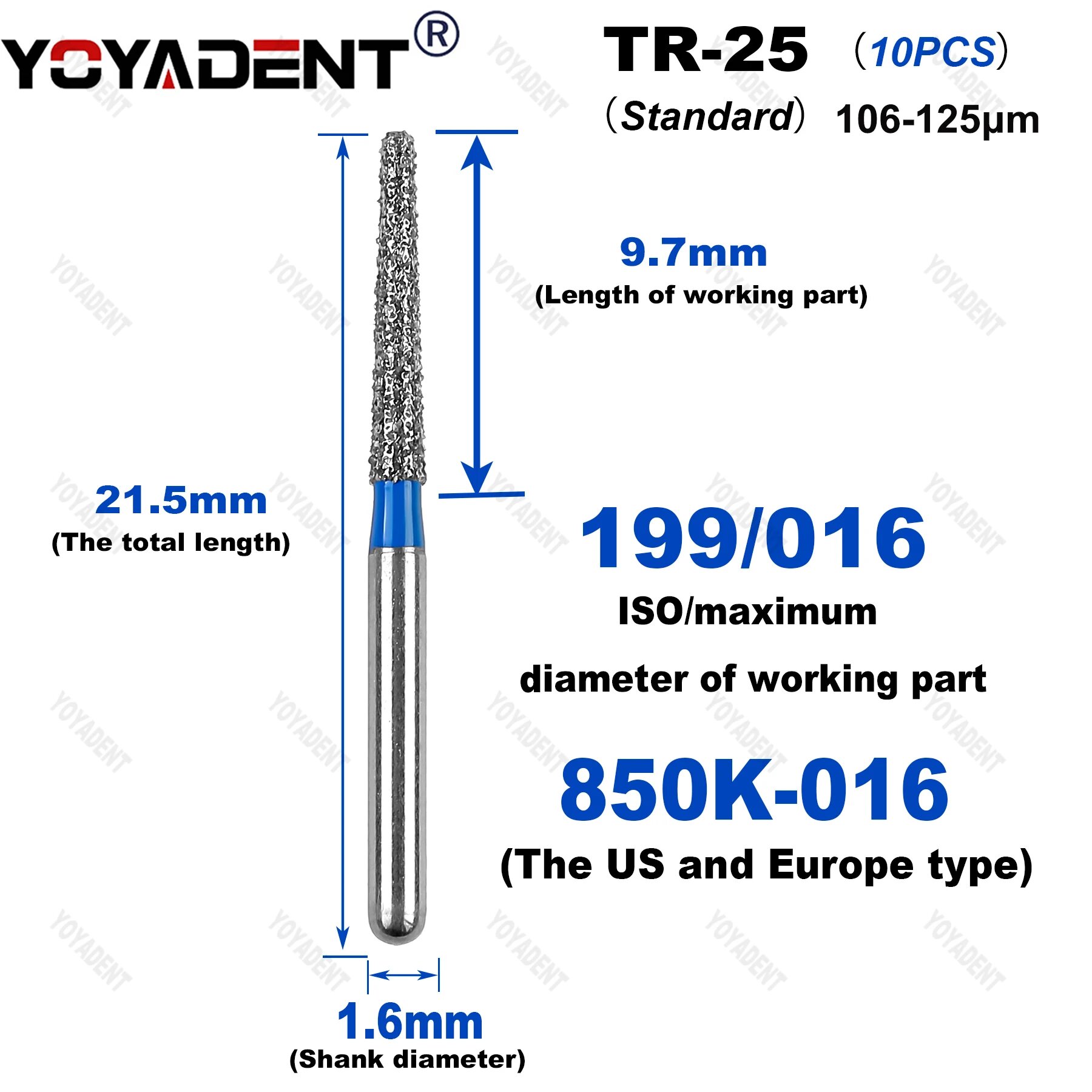 YOYADENT TR-25 алмазные боры стоматологические 1.6 мм 10 шт.