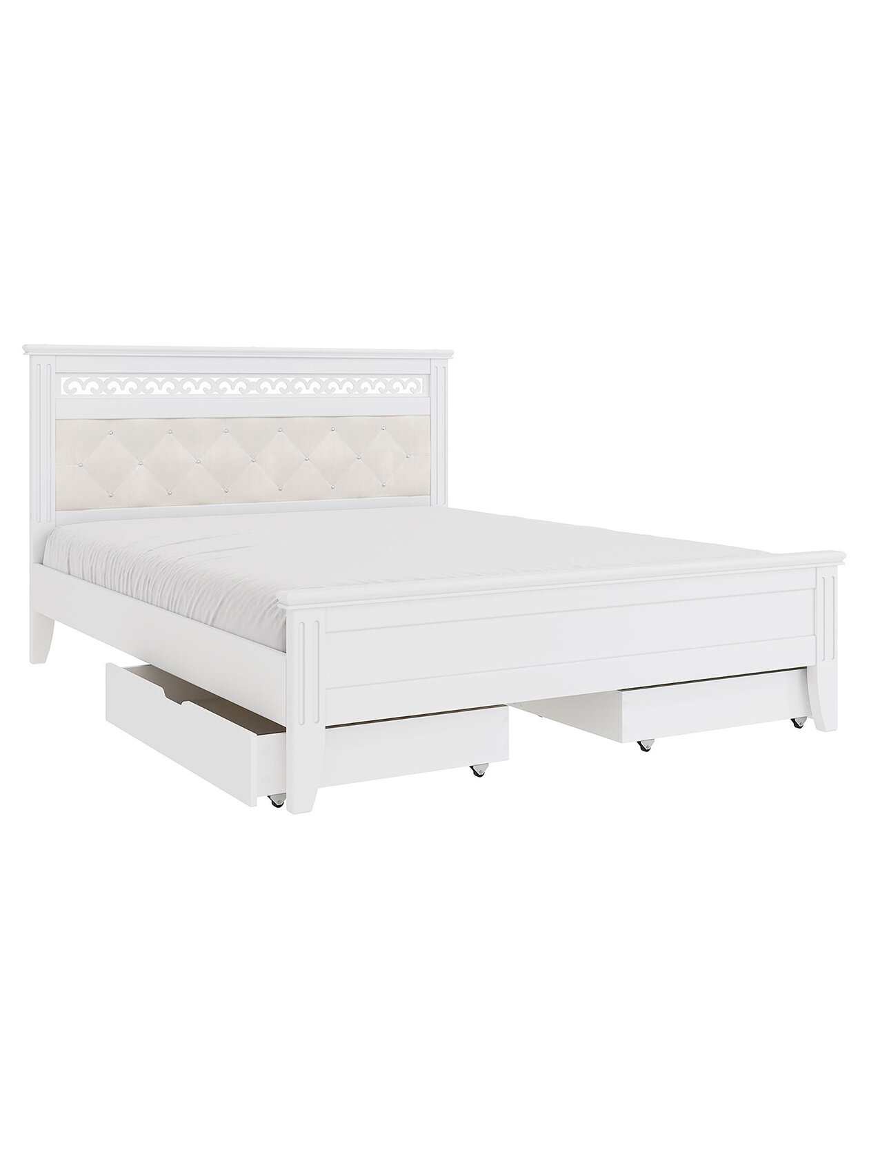 Двуспальная кровать Аврил 140х200 см деревянная, с анатомическим основанием, с мягким изголовьем, с ящиками, Массив Сосны Белый античный / Бежевый, велюр