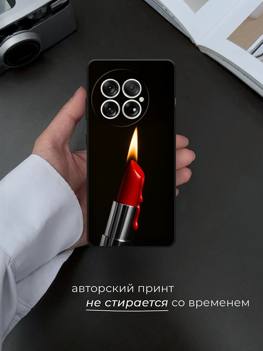 Черный матовый чехол на OnePlus 13 / Ван Плас 13 с принтом Красная помада с огнем — фото 1