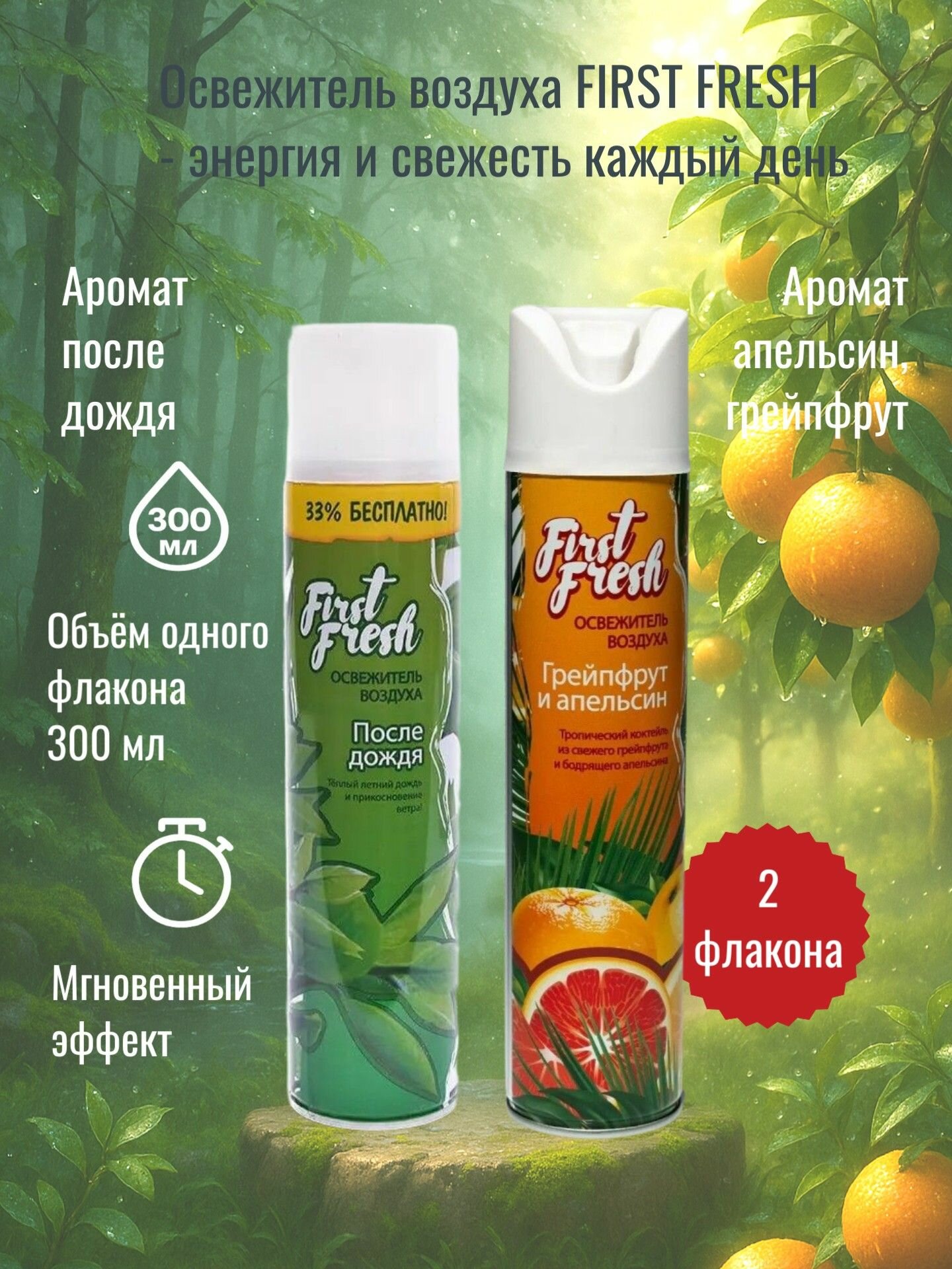Освежитель воздуха аэрозольный набор После дождя 300 мл и Грейпфрут, Апельсин 300 мл