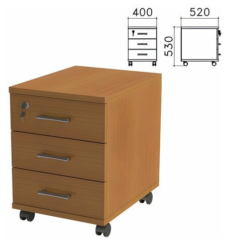 Тумба подкатная "Монолит", 400х520х530 мм, 3 ящика, замок, цвет орех гварнери, ТМ25.3