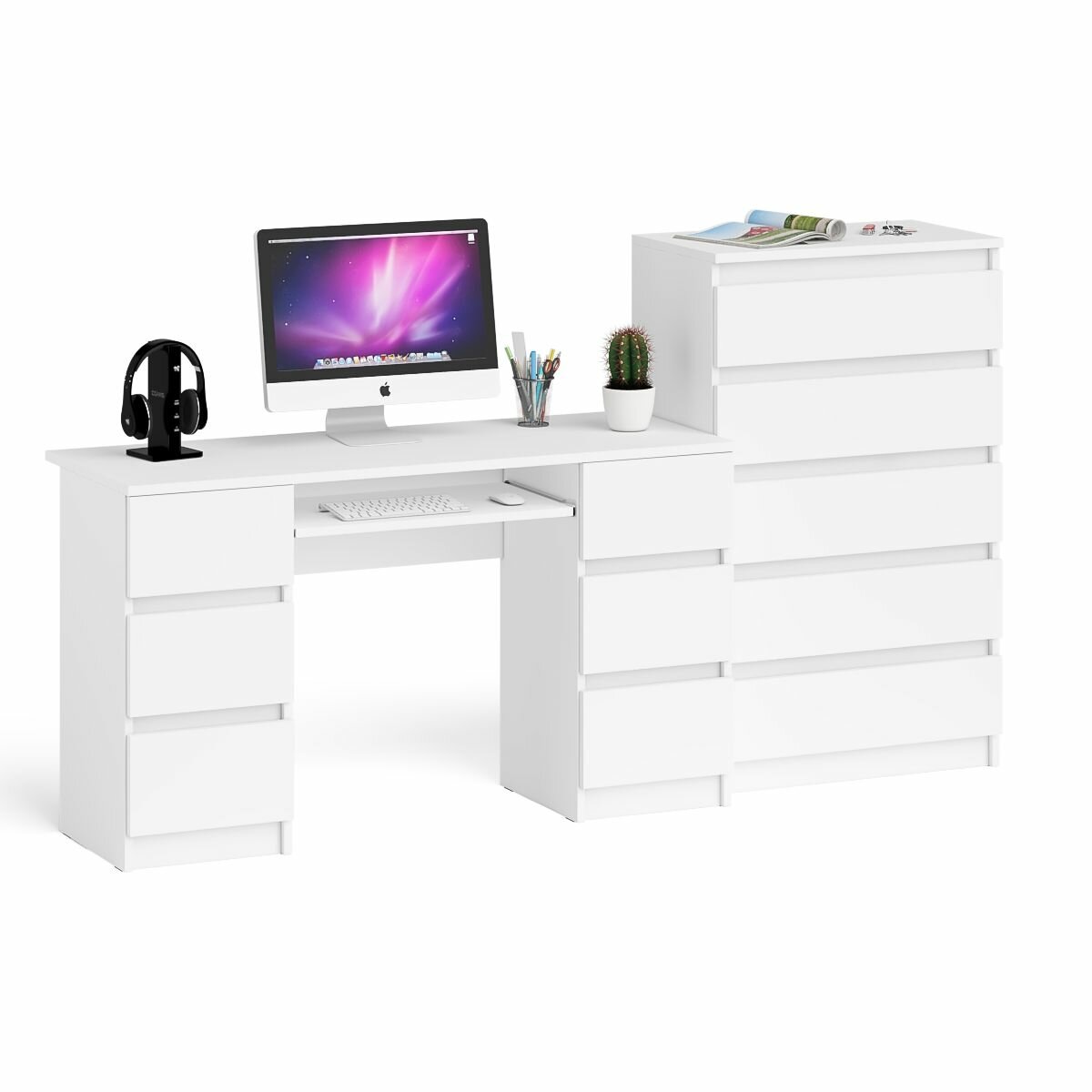 Комод высокий СВК Мори МК700 5-ть ящиков с двухтумбовым компьютерным столом цвет белый, 205,8х50х114 см.