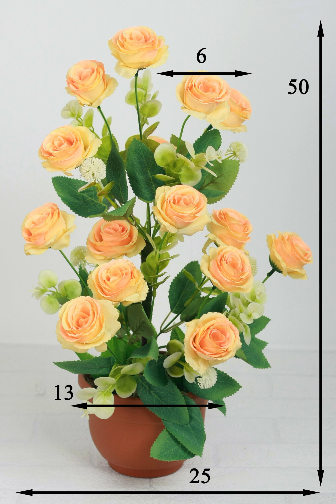 Искусственная Роза Holodilova, персиковая, высота 35 см, горшок, пластик