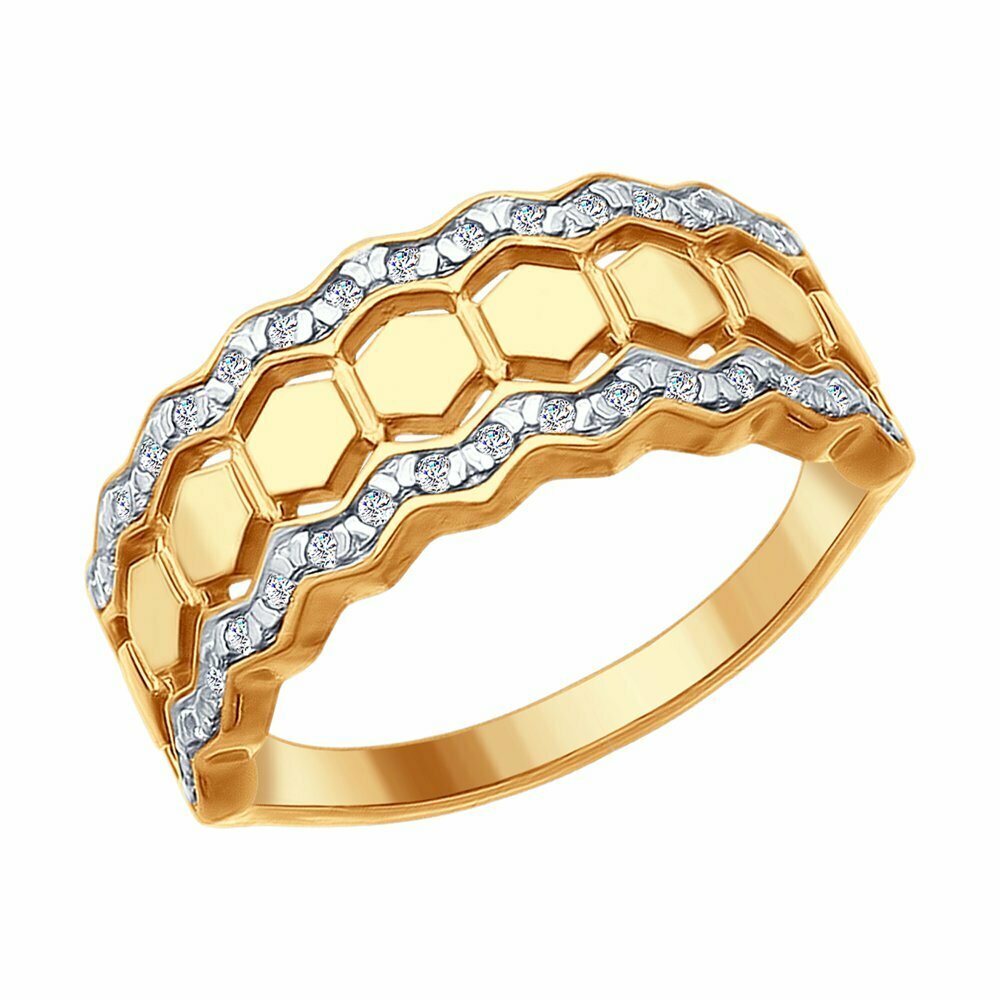 Кольцо, серебро, 925 проба, золочение, фианит