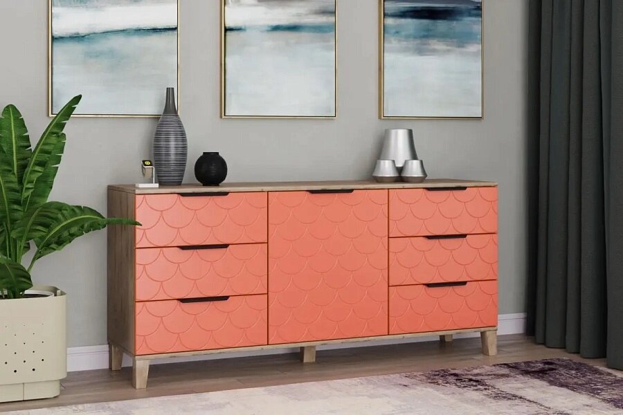 Комод МебельЛэнд24 Йорк - 2 Коралл 150x40x70 розовый однодверный с 6 ящиками
