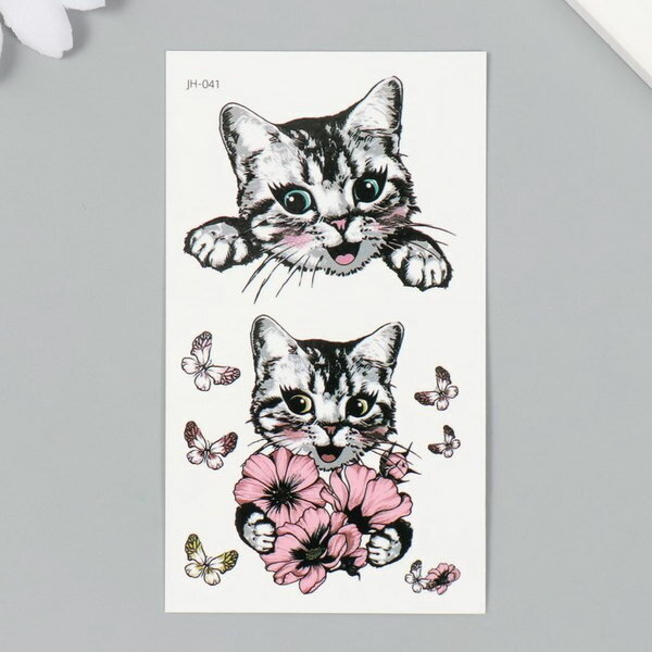 Переводные тату на тело "Кошечки с цветами и бабочками", 6x10.5 см