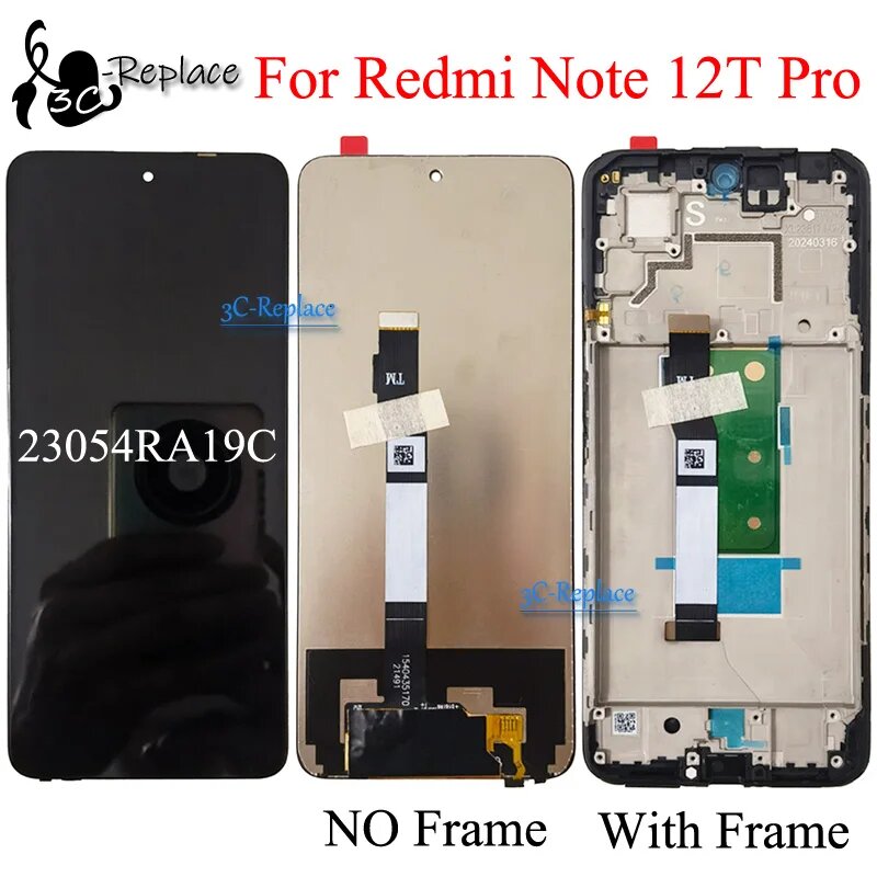 ЖК-дисплей 6,6 дюйма для Xiaomi Redmi Note 12T Pro 23054RA19C, сенсорный экран с дигитайзером в сборе, замена/с рамкой, черный Black With Frame