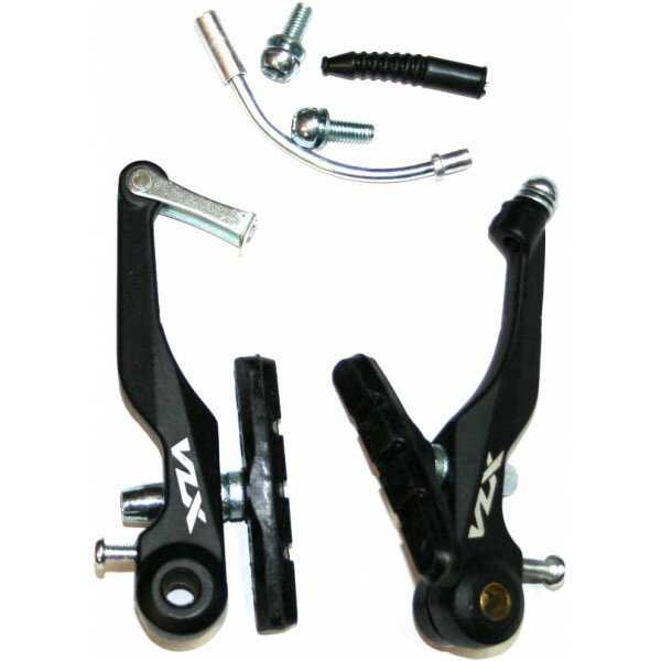 Тормоз V-brake 105мм, алюм, с колодками, стяжкой и пыльником. Чёрный окрашенный. VLX лого. VLX-BR02