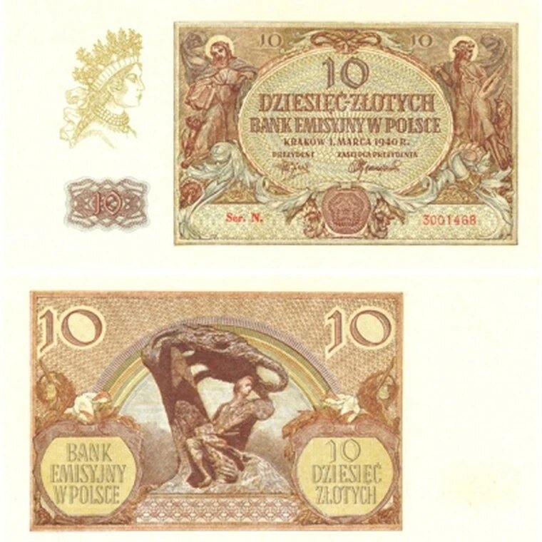 10 злотых 1940 Польша, сувенирная копия, банкноты и купюры редкие коллекционные