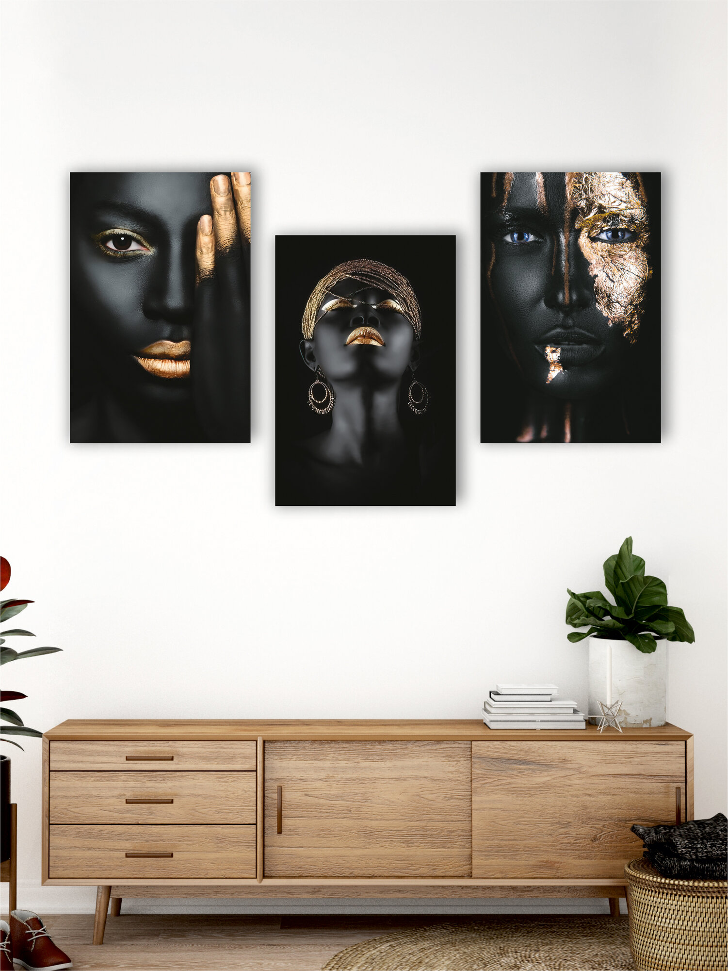 Модульная картина для интерьера на стену портрет. Темнокожие девушки 40х60 см - 3 штуки на холсте на подрамнике