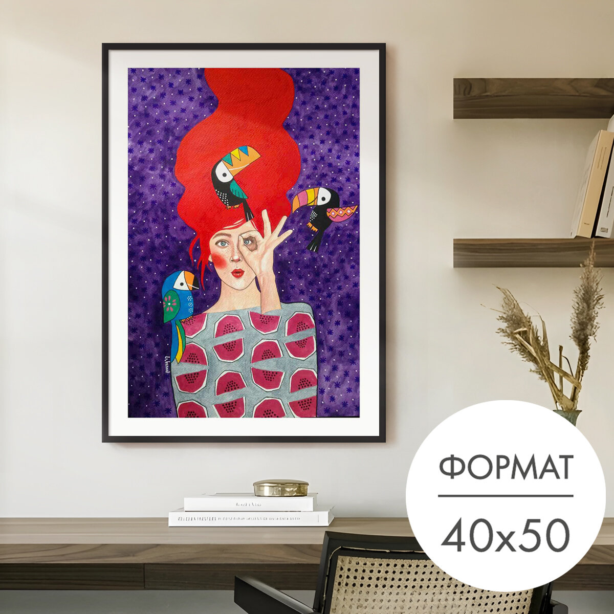 Постер "девушка С попугаями" 40x50 без рамки на стену для интерьера