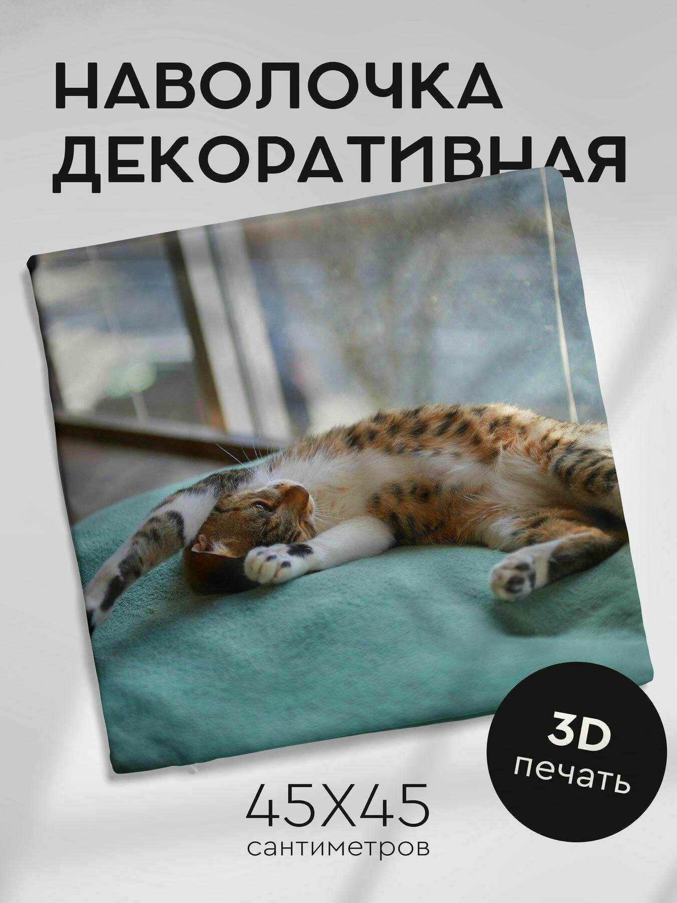 Наволочка декоративная, 45х45см / кот / лежать / сон / коврик