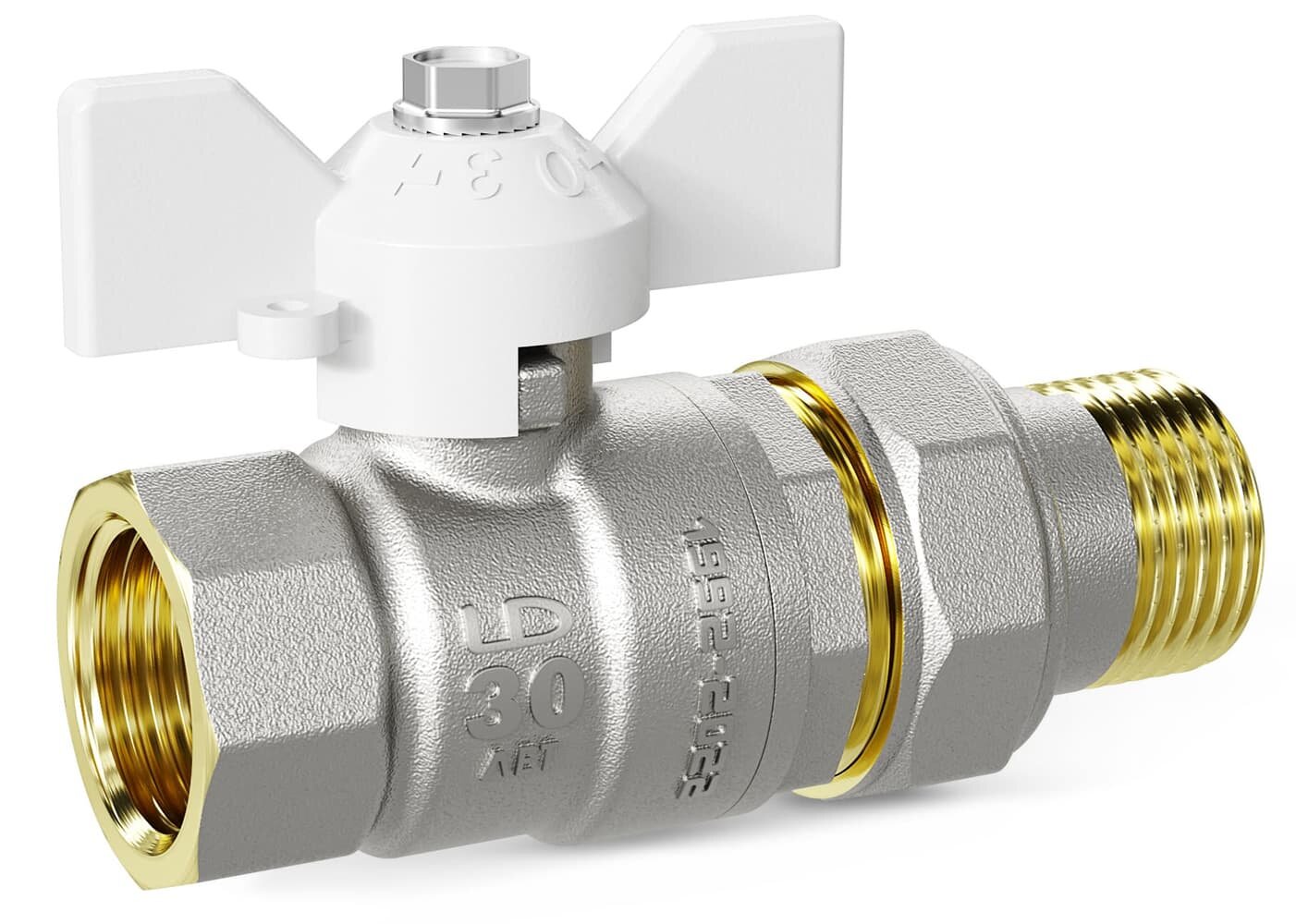 Кран шаровой LD Pride 47.306.20 W латунный внутренняя резьба/американка ручка-бабочка 3/4", белый