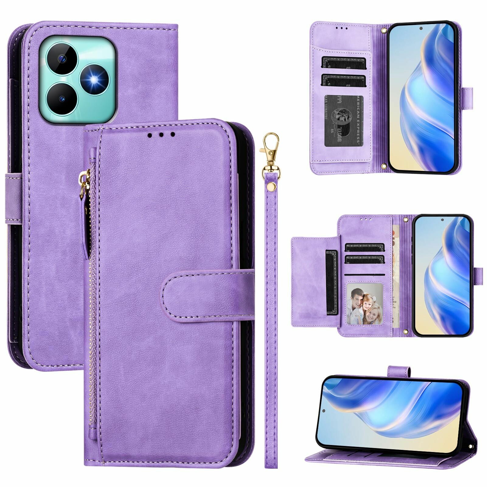 Кожаный книжка чехол в виде бумажника для OPPO Realme Note 50 4G/Realme C51 4G/Realme C53 4G/C51S 4G с застежкой-молнией, коротким шнуром, Складной слот для карт и отделением для кошелька