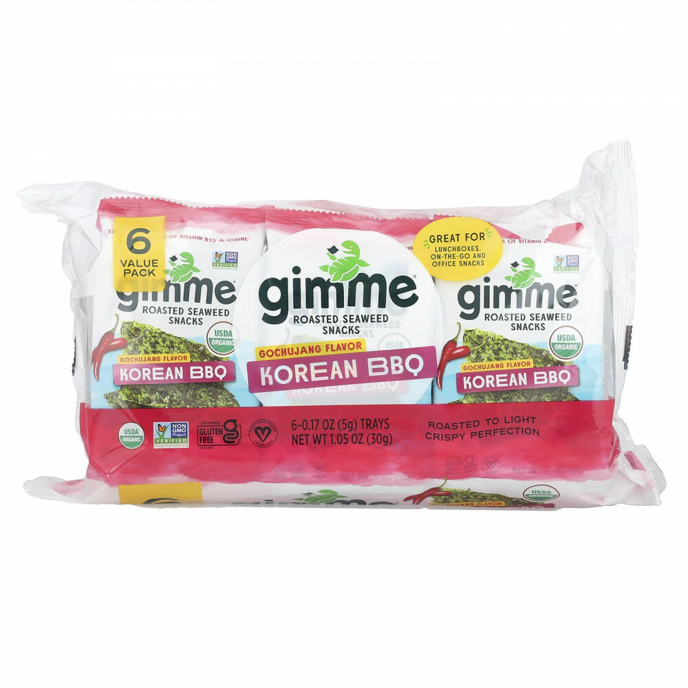 GimMe, Снеки из жареных морских водорослей, корейское барбекю, 6 пакетиков по 5 г (0,17 унции)