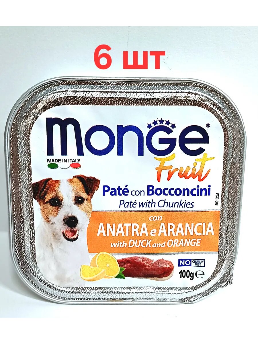 Корм влажный Monge "Fruit", для собак, паштет, с уткой, апельсином, 100г, 6 шт