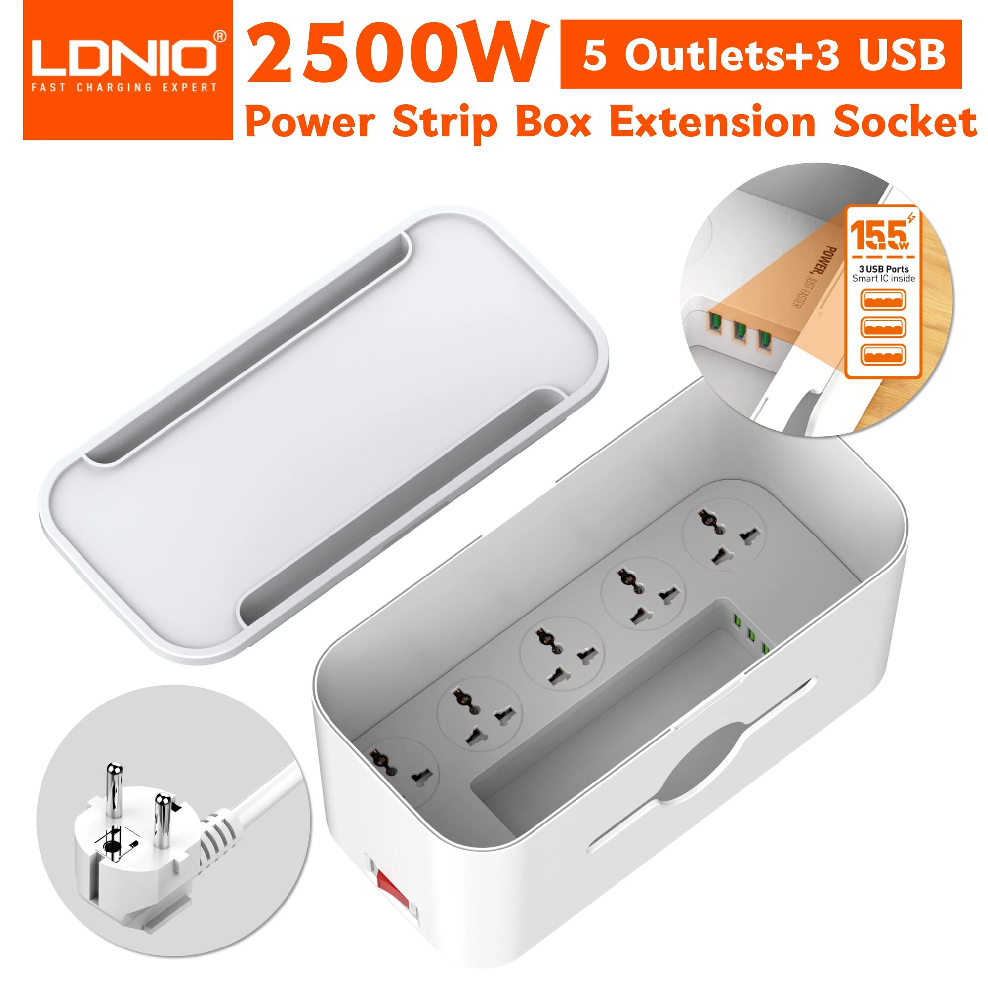 LDNIO 2500W, 5 розеток + 3 USB, удлинитель с коробкой, SN5311-EU