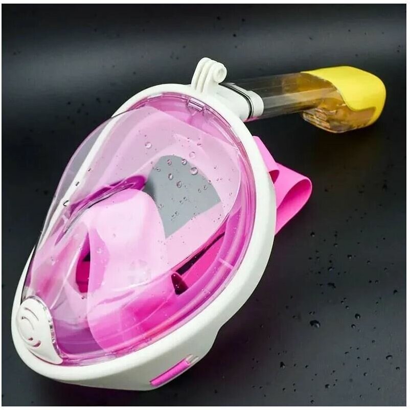 Маска для плавания / снорклинга / дайвинга на всё лицо с трубкой и креплением для экшн-камеры S/M, розовый