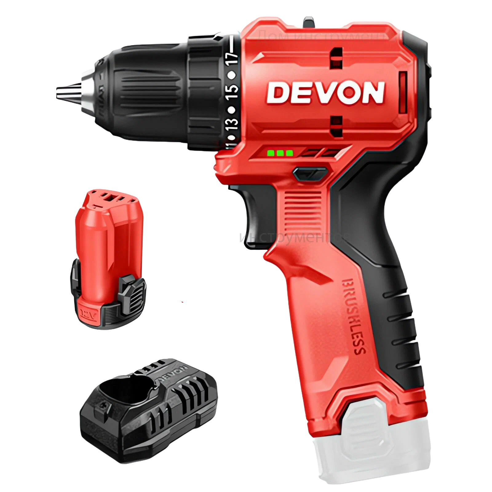 Бесщеточный шуруповерт DEVON DD121 аккумуляторный 12В 38 Нм с 1 АКБ 2.0 Ач для дома ремонта