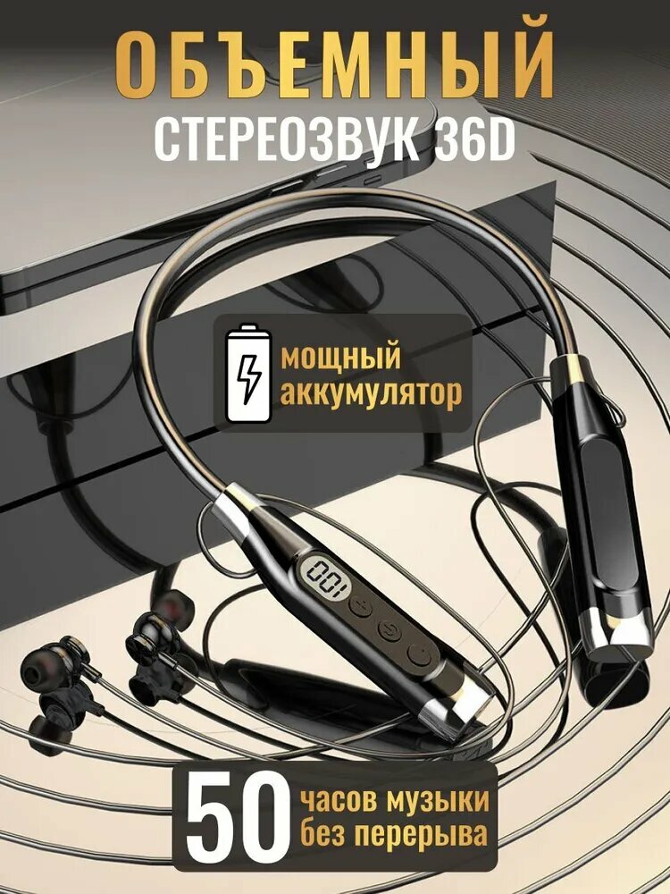 Наушники беспроводные вкладыши bluetooth с микрофоном блютуз спортивные для бега на шею