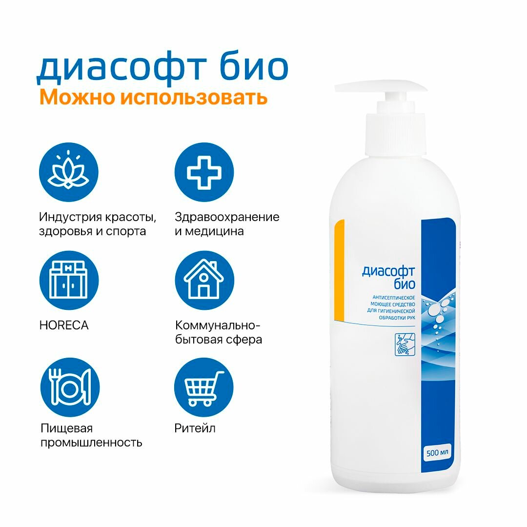 Антисептическое антибактериальное мыло Диасофт био с дозатором (500 мл)