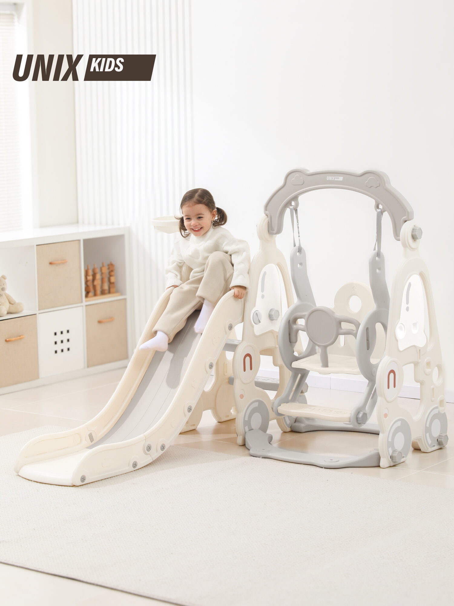 Горка детская с качелями UNIX Kids Car Grey пластиковая, игровой комплекс 2 в 1, для дома и улицы