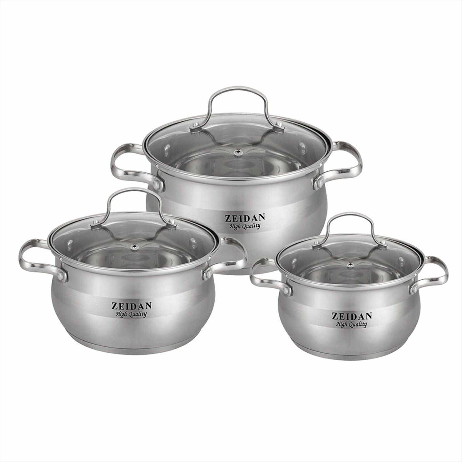 Набор кастрюль из нержавеющей стали 2.1л, 3 л, 4 л с крышками Zeidan для индукционной и газовой плиты