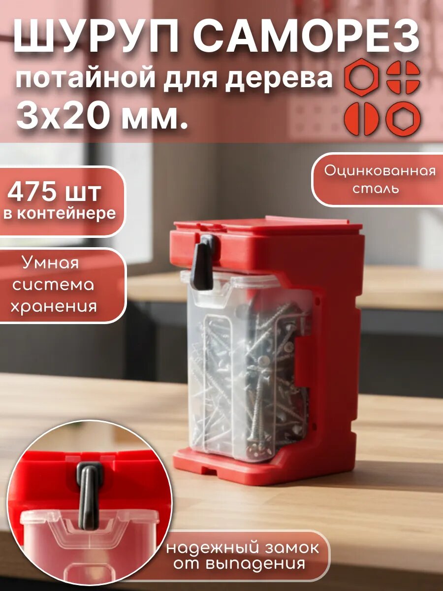 Шуруп потай по дереву 3х20 БЦ (475шт) +подвесной органайзер