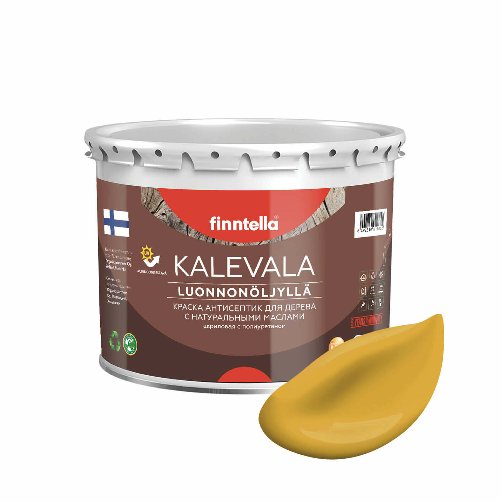 Краска для дерева и деревянных фасадов FINNTELLA KALEVALA, с натуральным маслом и полиуретаном, цвет OKRA (золотистая охра) , 2,7л
