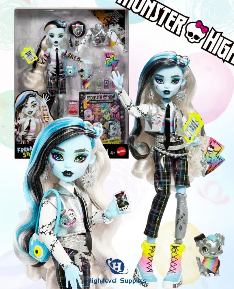 Кукла Monster High Frankie Stein Комитет Приветствия, 15 аксессуаров, Включая наклейки, плакаты, домашних животных и другие предметы коллекционирования