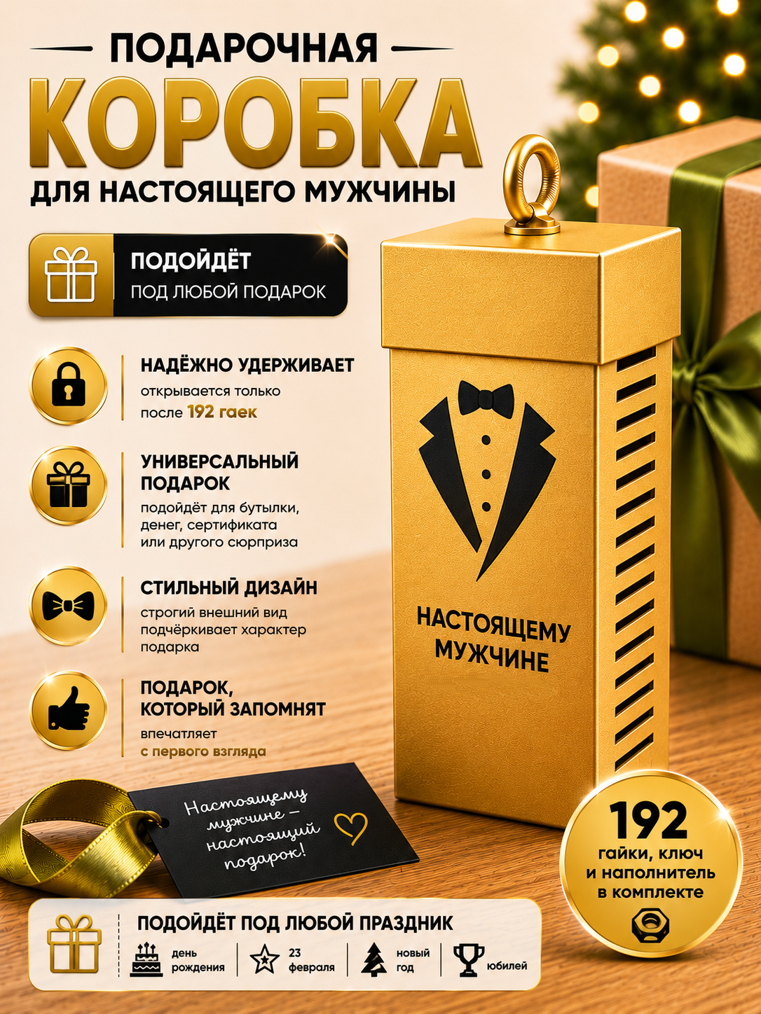Подарочная коробка-клетка для бутылки «Джентльмен», металлическая, золотая