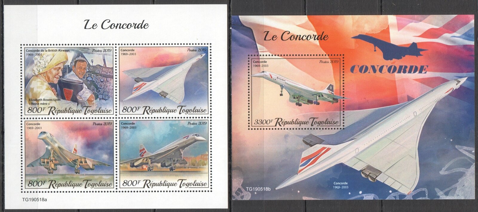 Марки 2019 год Того Конкорд Самолеты Авиация #7639-7642+Bl1754 Mnh