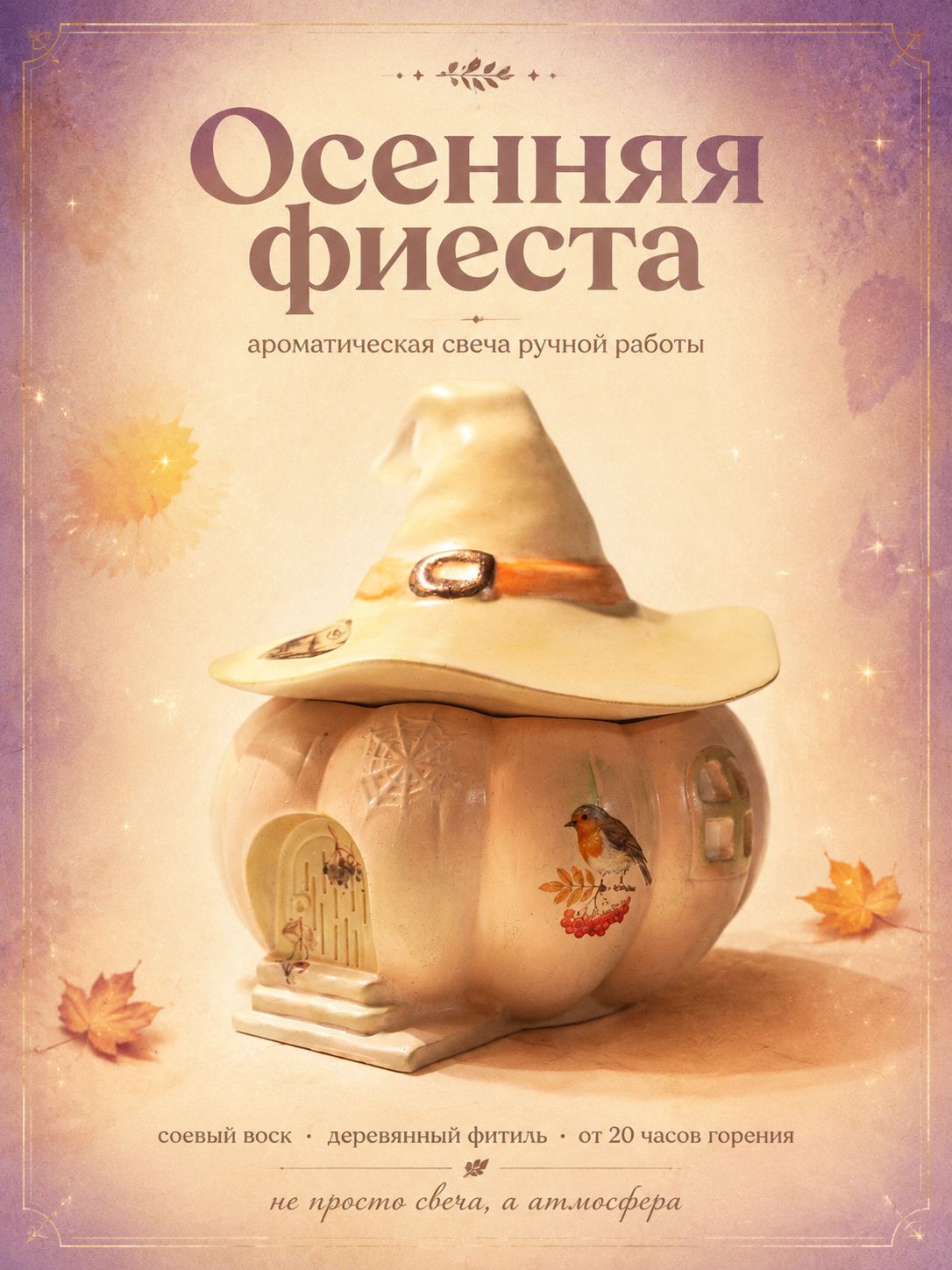 Свеча осенняя ароматическая, фруктовая тыква, 85гр, соевый воск, деревянный фитиль