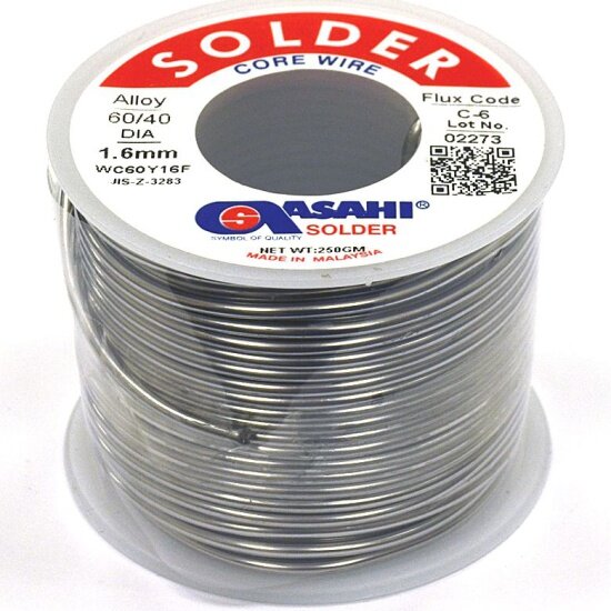 Припой с флюсом Asahi Припой WC60Y16F, 1.6мм 0.25кг Sn60/Pb40 (С-6 водорастворимый флюс)