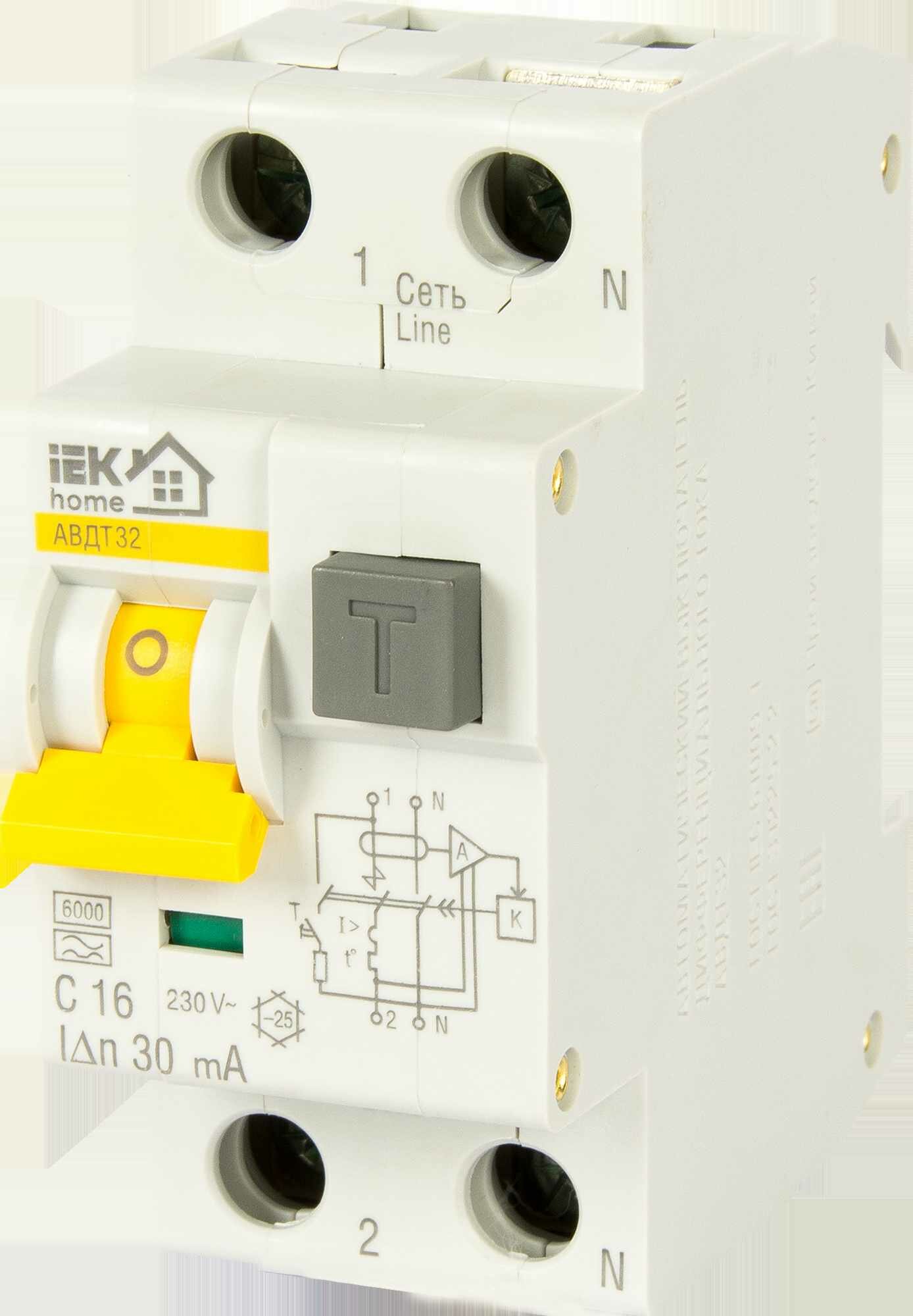 Дифференциальный автомат IEK Home 1P N C16 А 30 мА 6 кА АС MAD22-5-016-C-30