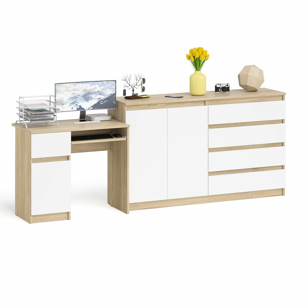 Тумба-комод СВК Мори МК-11600.1 со столом компьютерным левым цвет дуб сонома/белый, 250,4х50х94 см.