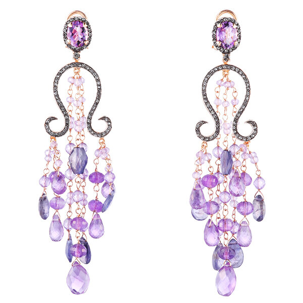 Серьги, серебро, 925 проба, аметист, иолит, фианит