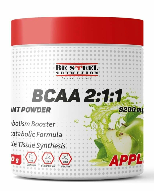 БЦАА быстрорастворимый, BCAA Be Steel Nutrition Instant 2:1:1 200г (яблоко)