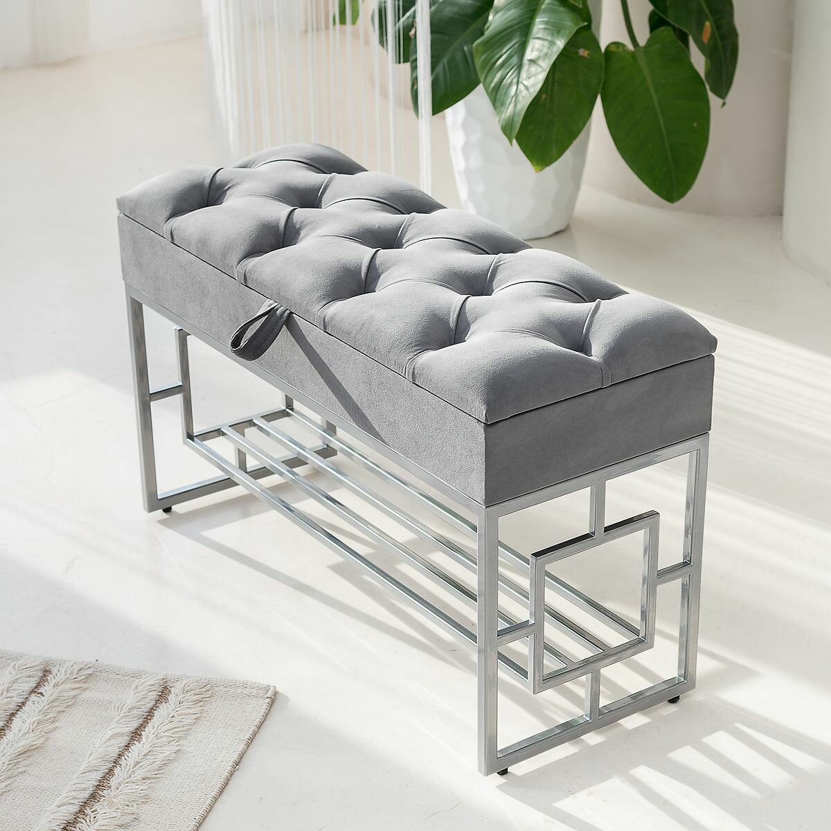 Банкетка в прихожую с мягким сиденьем, ящиком и полками для обуви